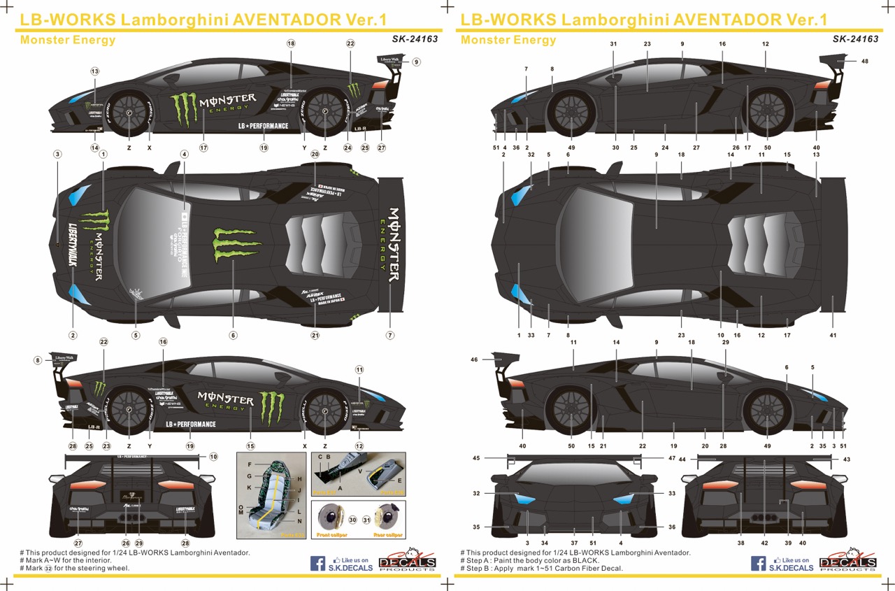 SK Decals SK24163 LB-WORKS Lamborghini AVENTADOR Ver.1 Monster Energy